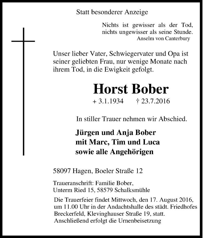 Traueranzeigen von Horst Bober | Trauer-in-NRW.de