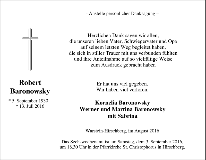 Traueranzeigen von Robert Baronowsky | Trauer-in-NRW.de