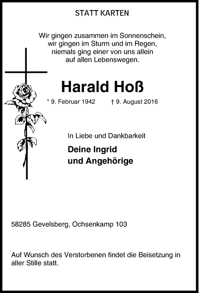 Traueranzeigen von Harald Hoß | Trauer-in-NRW.de