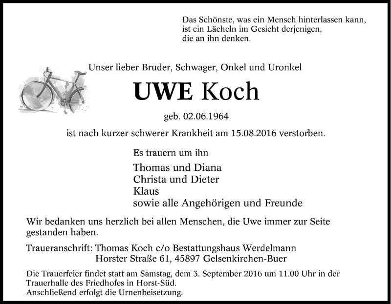 Traueranzeigen von Uwe Koch | Trauer-in-NRW.de