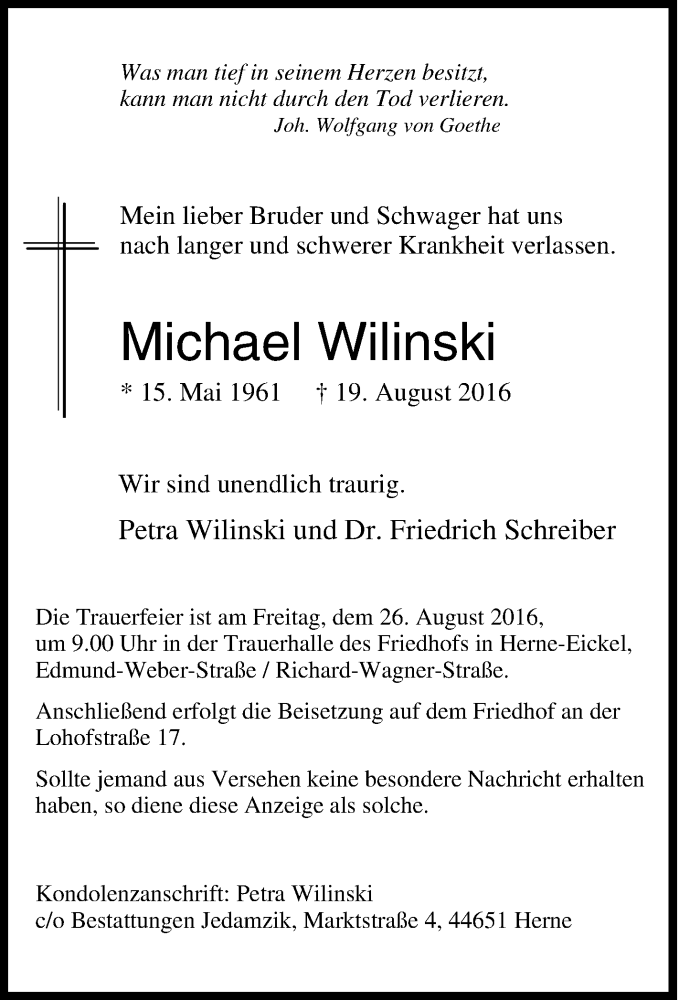 Traueranzeigen von Michael Wilinski | Trauer-in-NRW.de