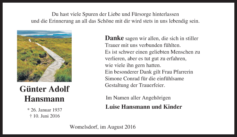 Traueranzeigen von Günter Adolf Hansmann | Trauer-in-NRW.de