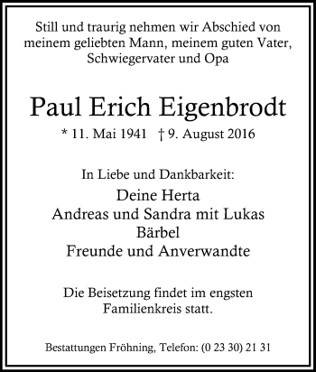 Traueranzeigen von Paul Erich Eigenbrodt | Trauer-in-NRW.de