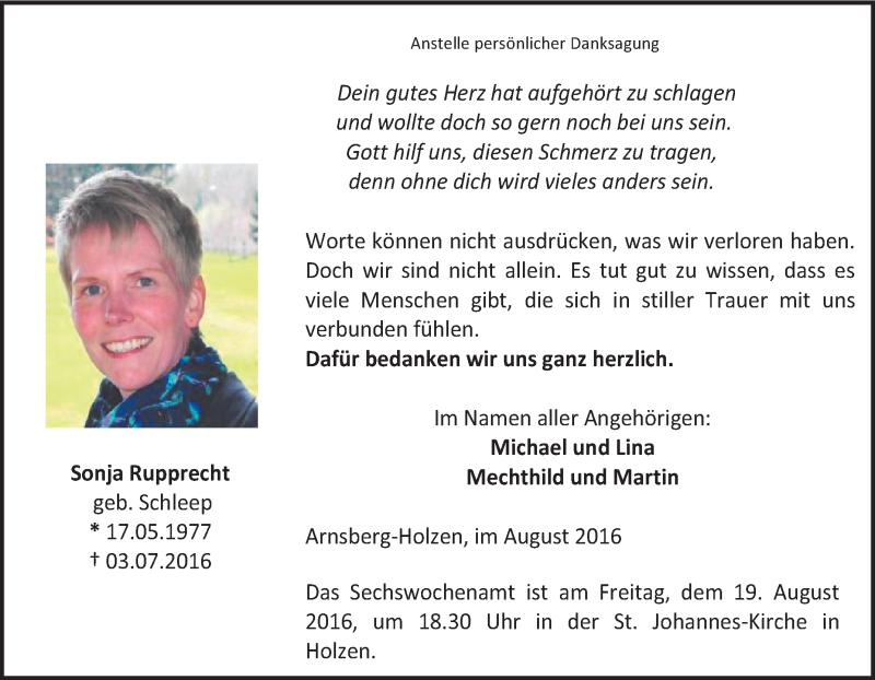 Traueranzeigen von Sonja Rupprecht | Trauer-in-NRW.de