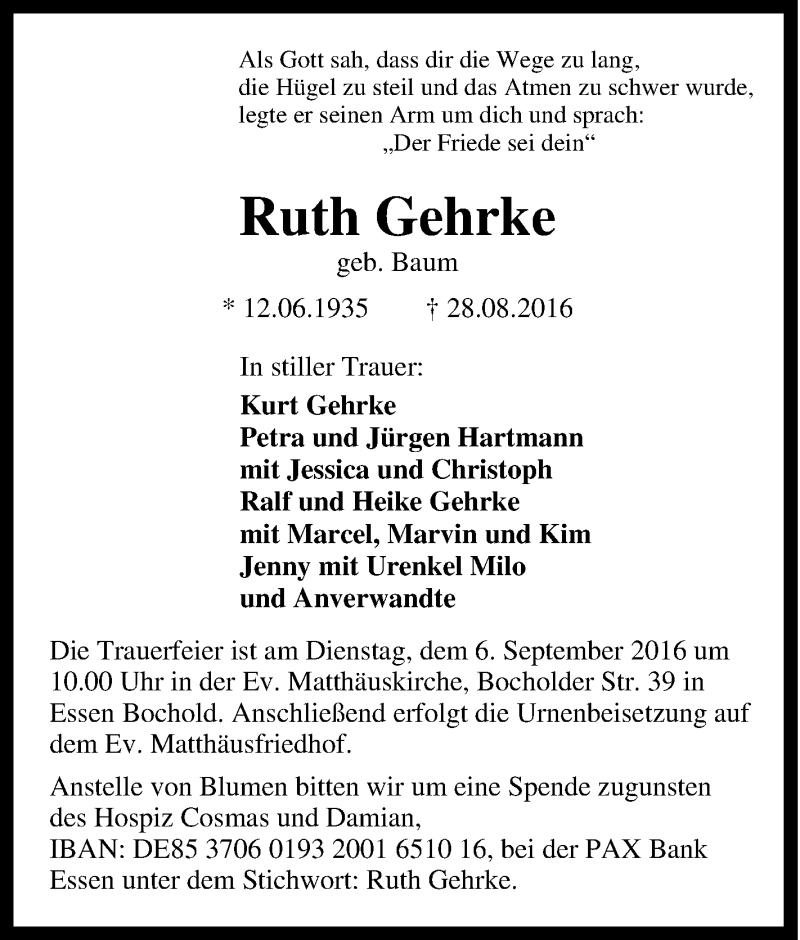 Traueranzeigen von Ruth Gehrke | Trauer-in-NRW.de