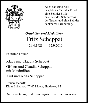 Traueranzeigen von Fritz Scheppat | Trauer-in-NRW.de