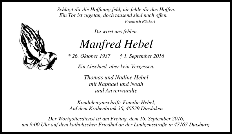 Traueranzeigen von Manfred Hebel | Trauer-in-NRW.de