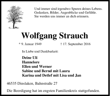 Traueranzeigen von Wolfgang Strauch | Trauer-in-NRW.de