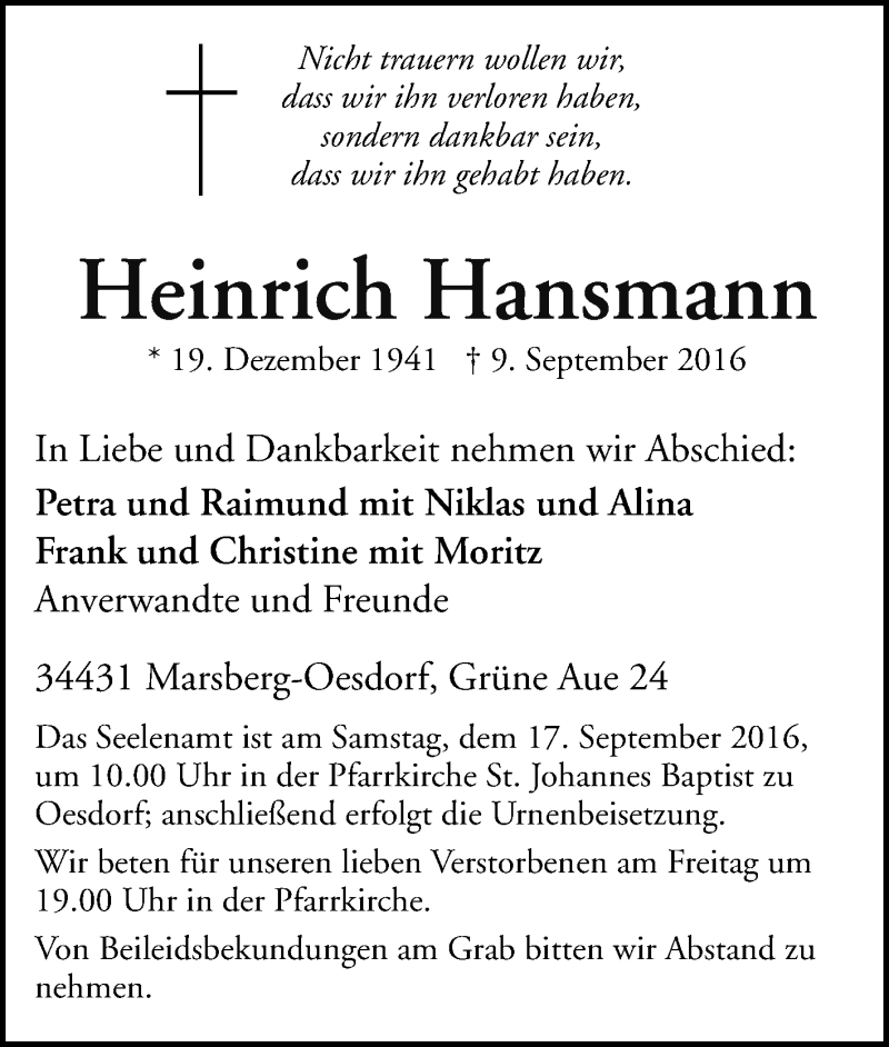 Traueranzeigen von Heinrich Hansmann | Trauer-in-NRW.de