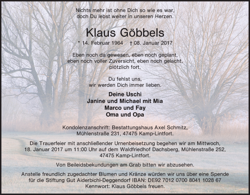 Traueranzeigen von Klaus Göbbels | Trauer-in-NRW.de