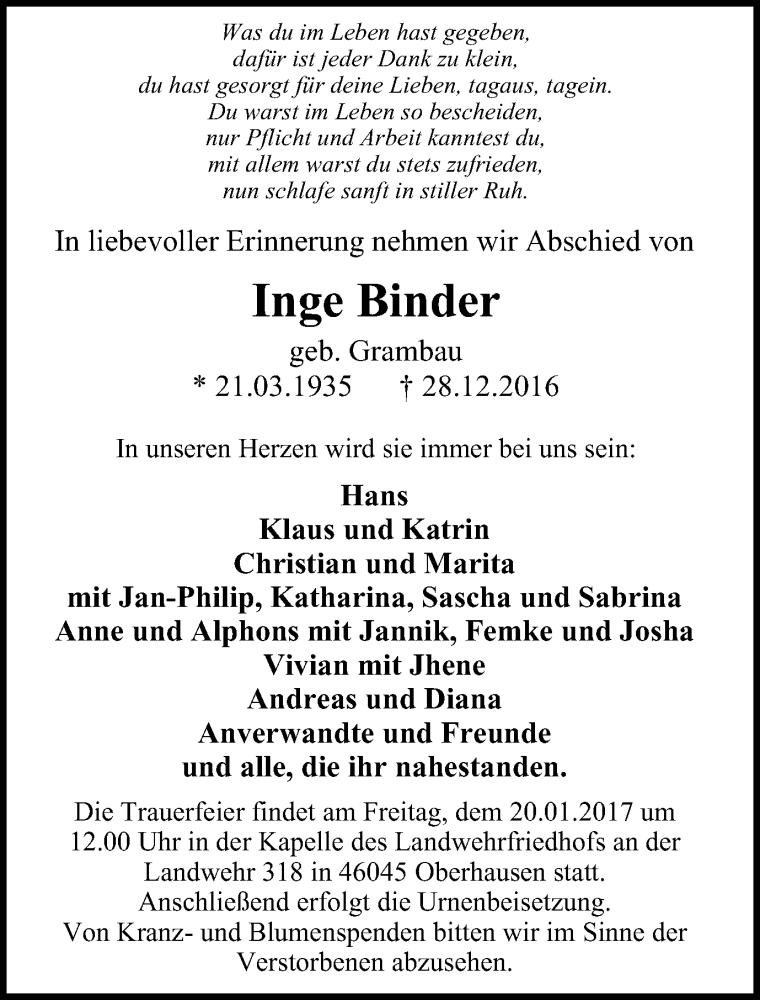 Traueranzeigen von Inge Binder | Trauer-in-NRW.de