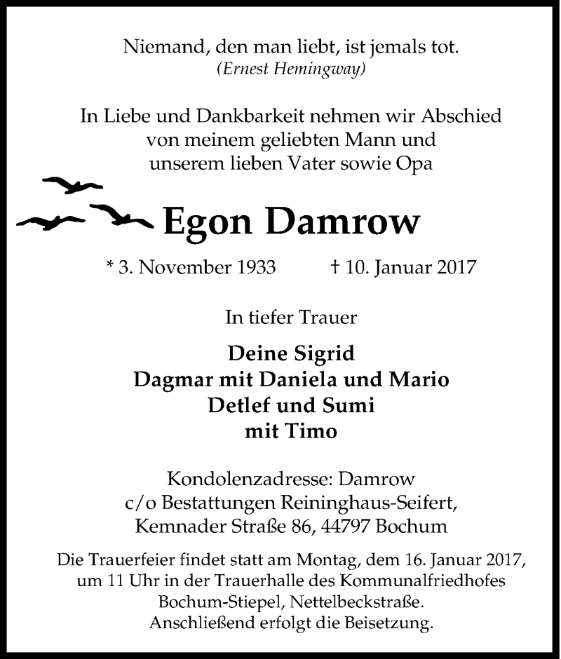 Traueranzeigen von Egon Damrow | Trauer-in-NRW.de