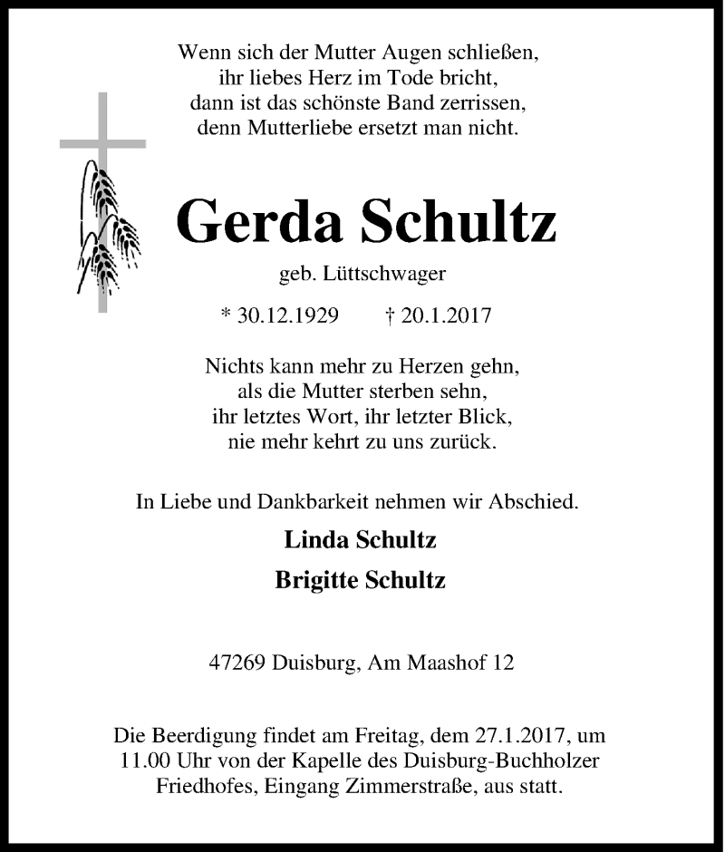Traueranzeigen von Gerda Schultz | Trauer-in-NRW.de