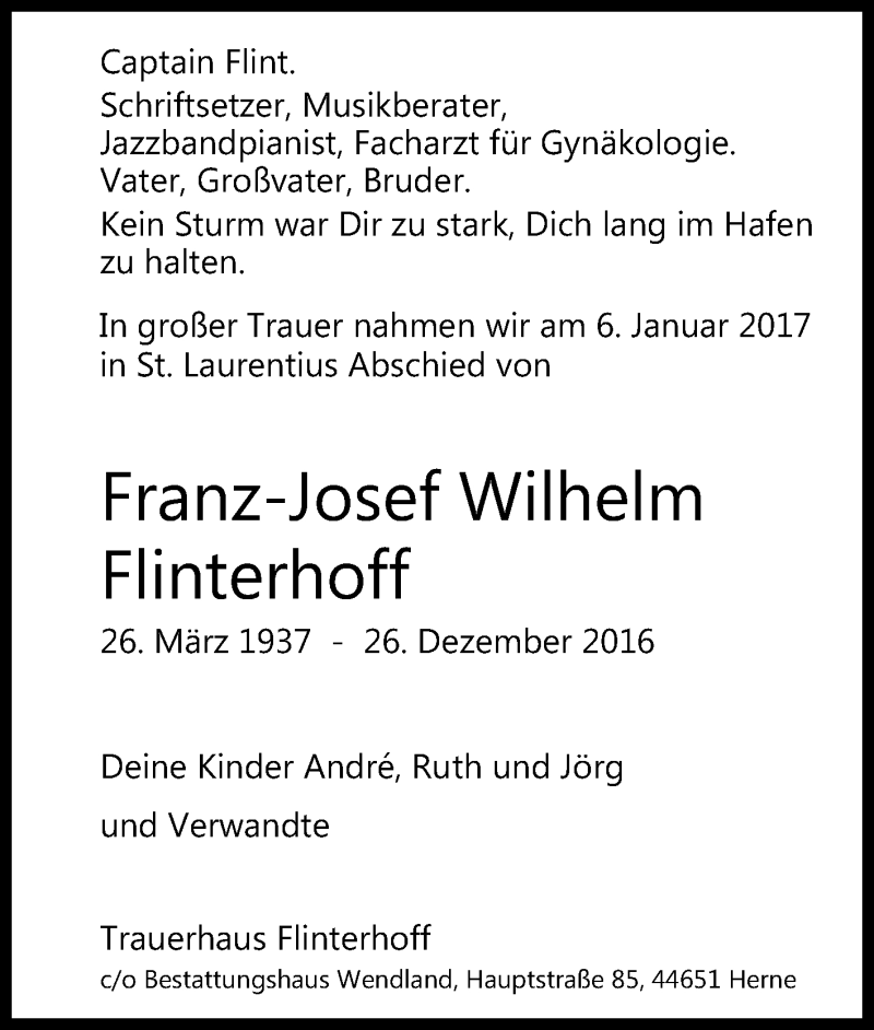 Traueranzeigen von Franz-Josef Wilhelm Flinterhoff | Trauer-in-NRW.de