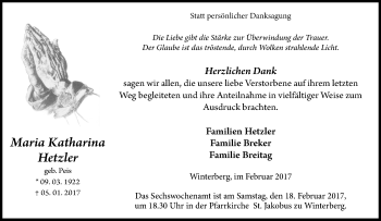 Traueranzeigen von Maria Katharina Hetzler | Trauer-in-NRW.de