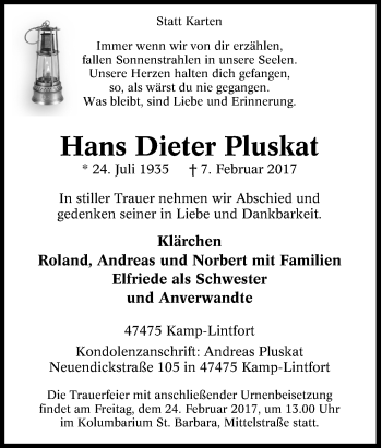 Traueranzeigen von Hans Dieter Pluskat | Trauer-in-NRW.de