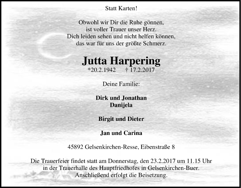 Traueranzeigen von Jutta Harpering | Trauer-in-NRW.de